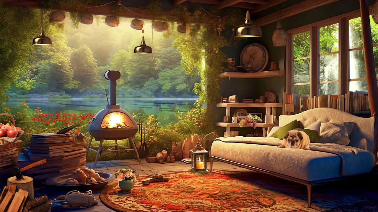 Cozy Terrace by the Waterfall in Summer Ambience with Woods, DOG and ...