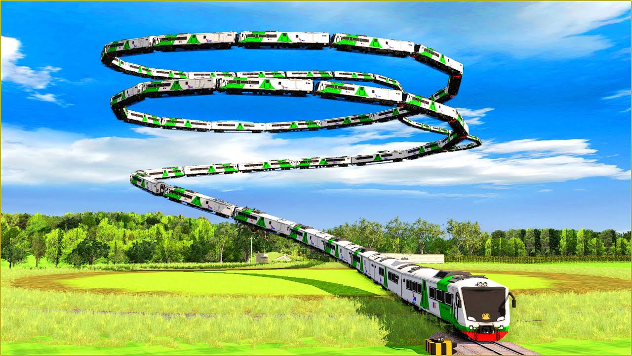 2 COLORFUL TRAINS FLYING SPINNING AROUND AND DOWN FROM THE SKY OF ...