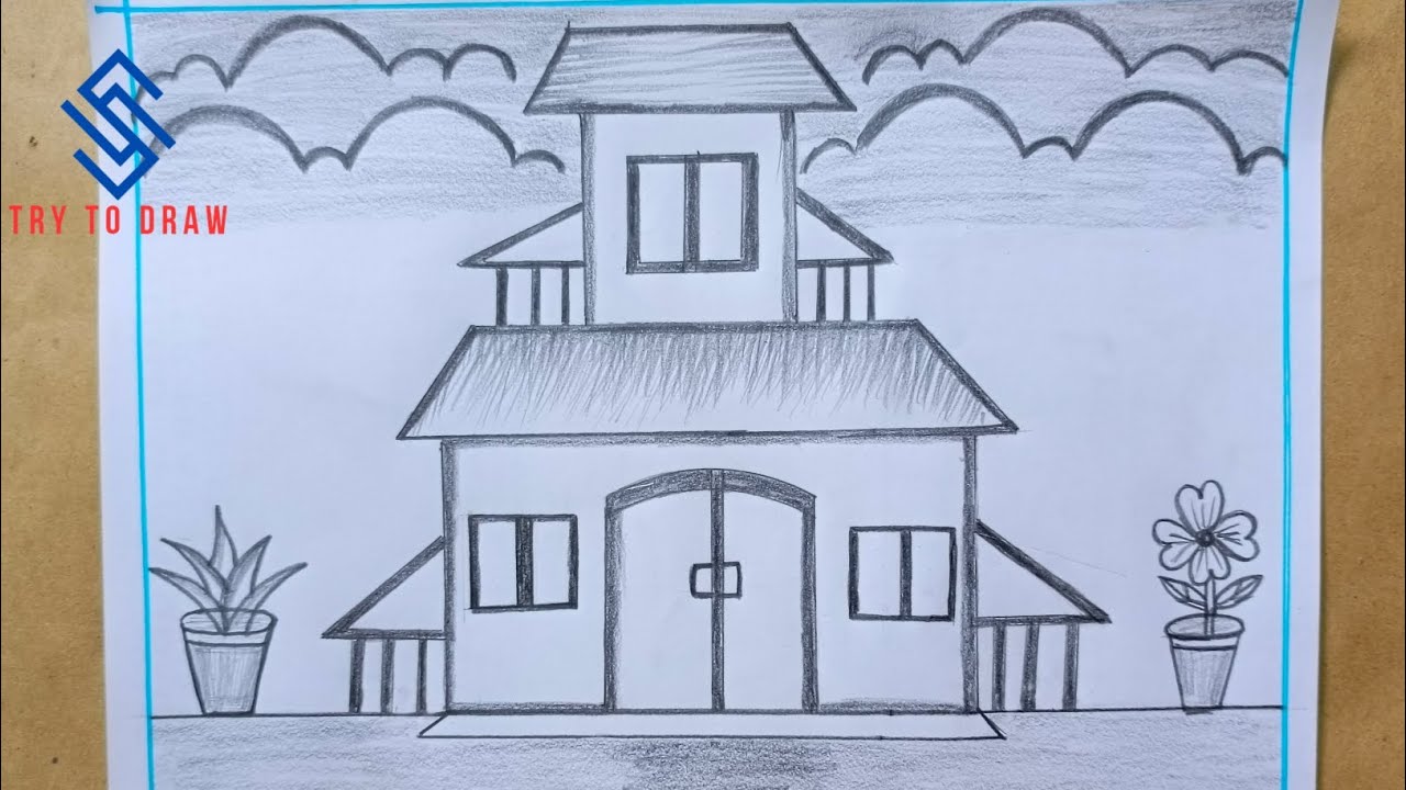 Beautiful 2Step Home drawing //Easy Scenery drawing for Exam//Scenery ...