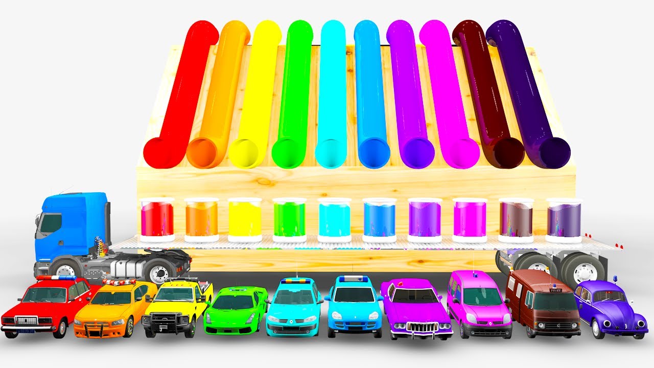 Learn Colors With Police Cars Vehicles Dipped In Liquid Paint For Kids ...