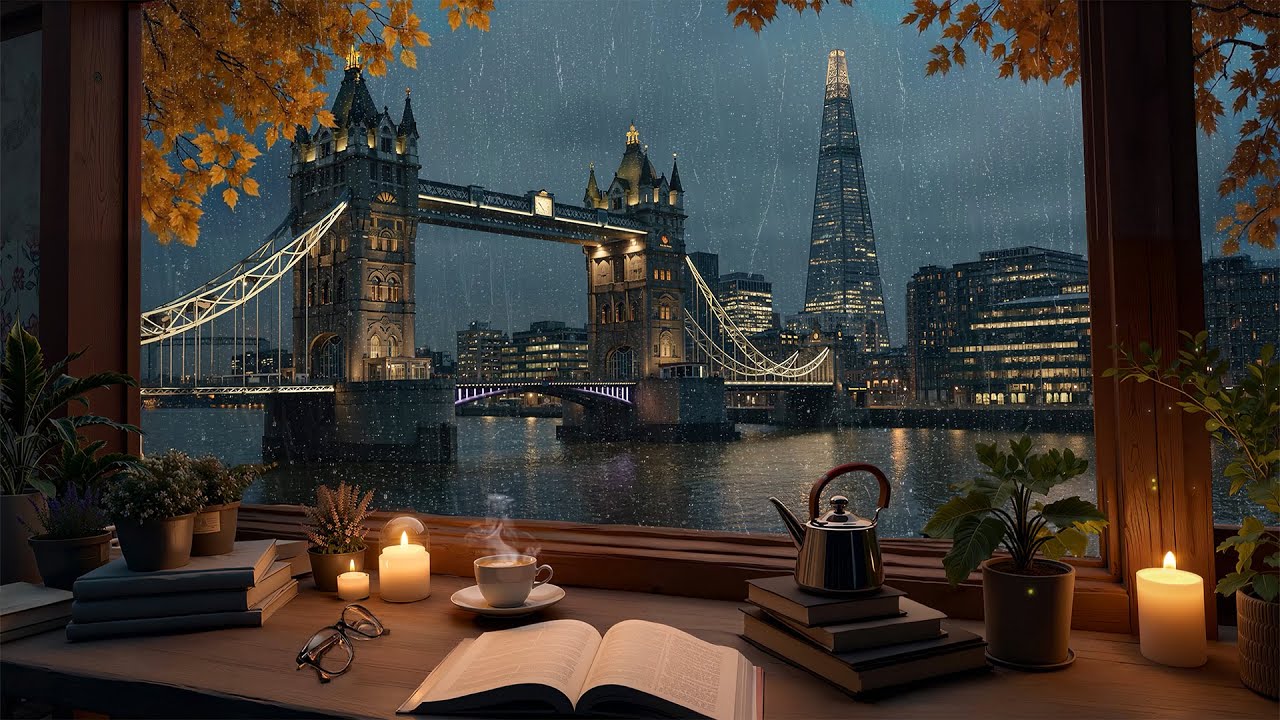 Coffee Shop Ambience Overlooking London Tower Bridge 🍂 Warm Jazz Music ...