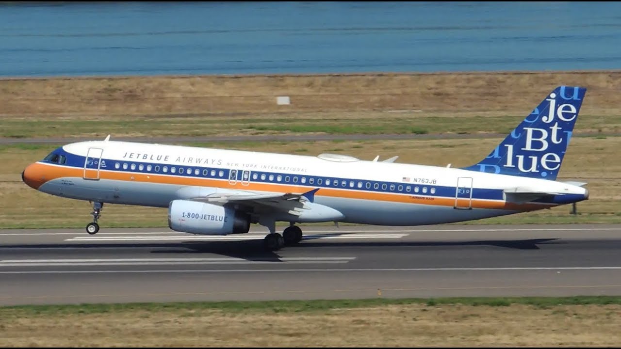 JetBlue Airbus A320-232 Retro Livery [N763JB] takeoff from PDX - YouTube