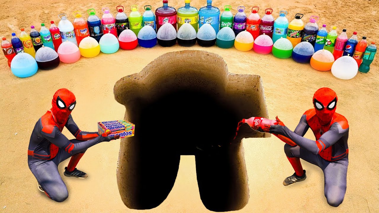 Spiderman & Big Toothpaste Eruption from Among Us pit, Giant Pepsi, 7up ...