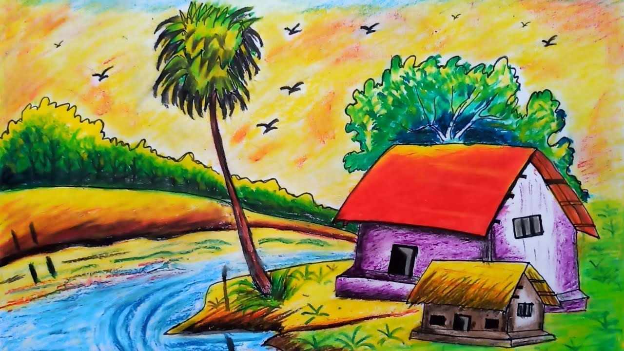 Very Easy House Scenery Drawing Step by Step | How to Draw Village ...
