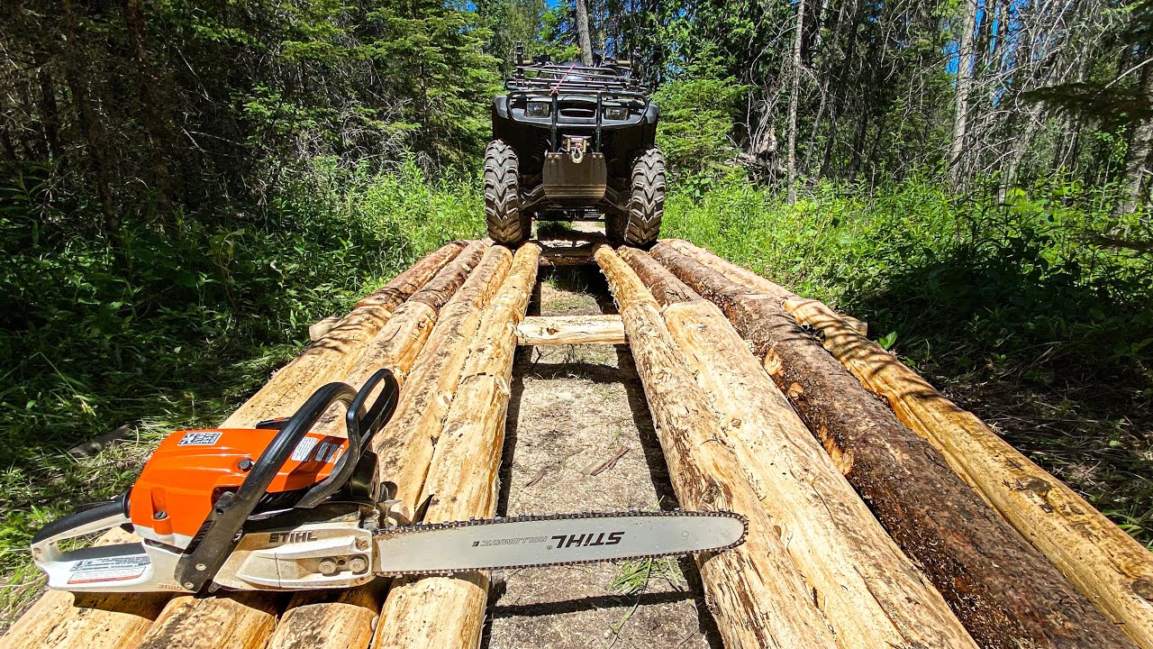 Building an ATV Bridge From Downed Trees and Making Lumber Free-Hand ...