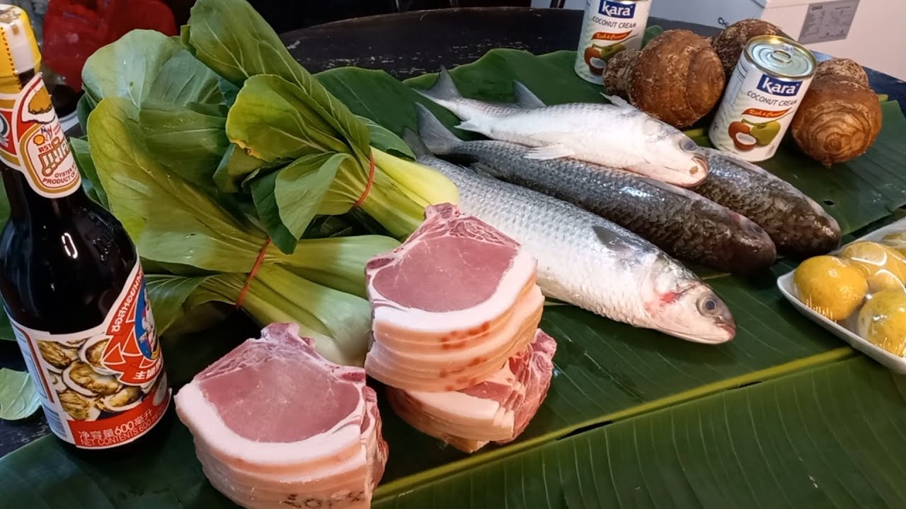 Deep Sea Mullet Raw Fish \ Oka. Faalifu Taro. Pork Stie Fry. Healthy ...