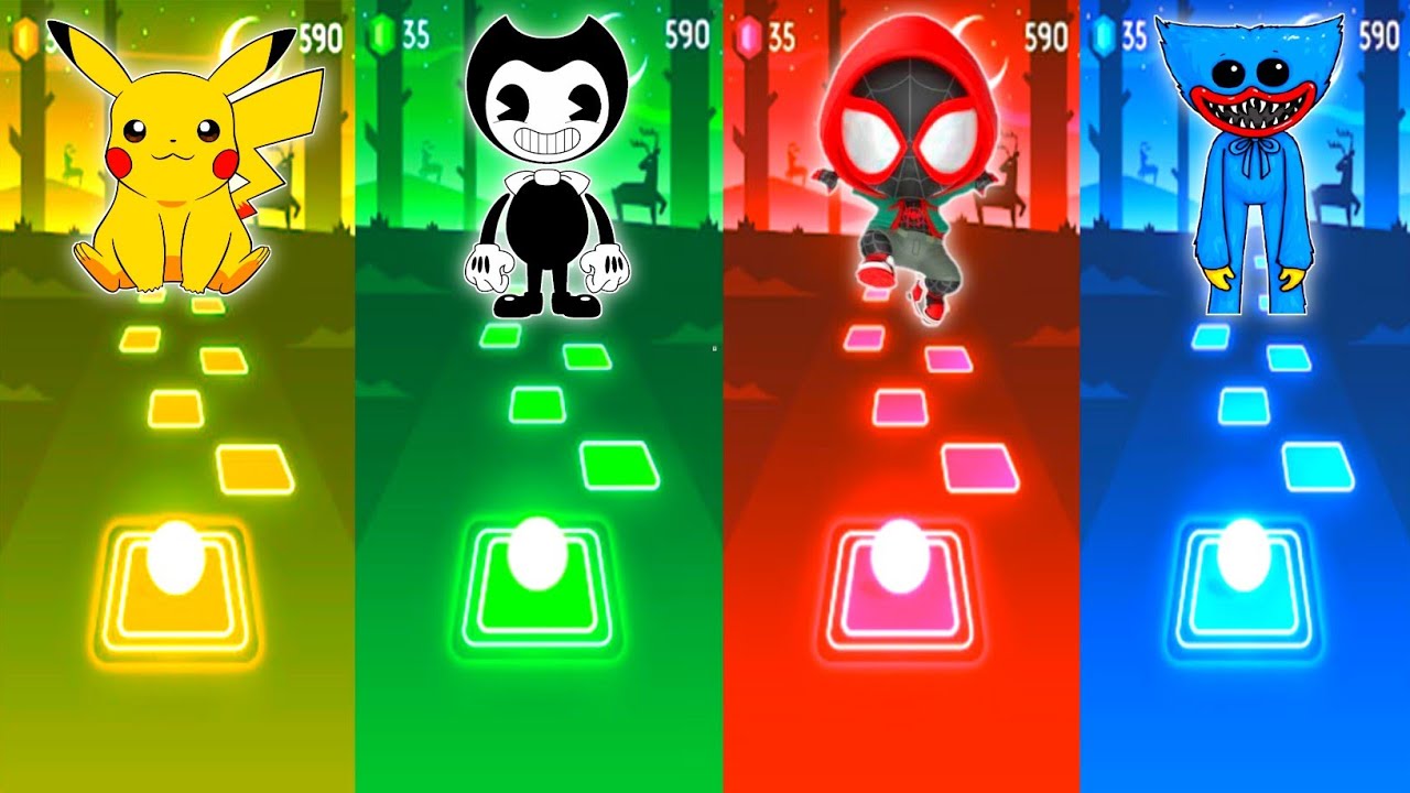 Pikachu VS Bendy VS Spiderman VS Huggy Wuggy - Tiles Hop EDM Rush - YouTube