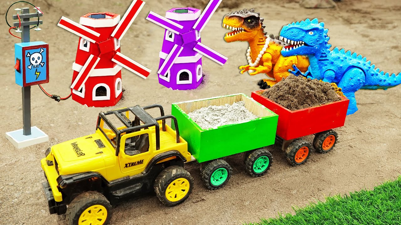 Dinosaurs, mini tractor, JCB excavator, crane making DIY windmill ...
