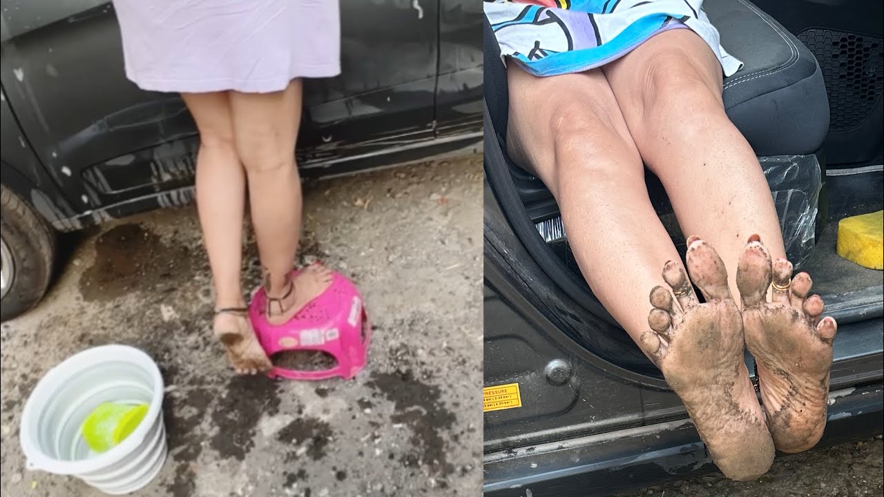 Barefoot girl washing 🧽 car 🚗 challenge in rough surface - YouTube