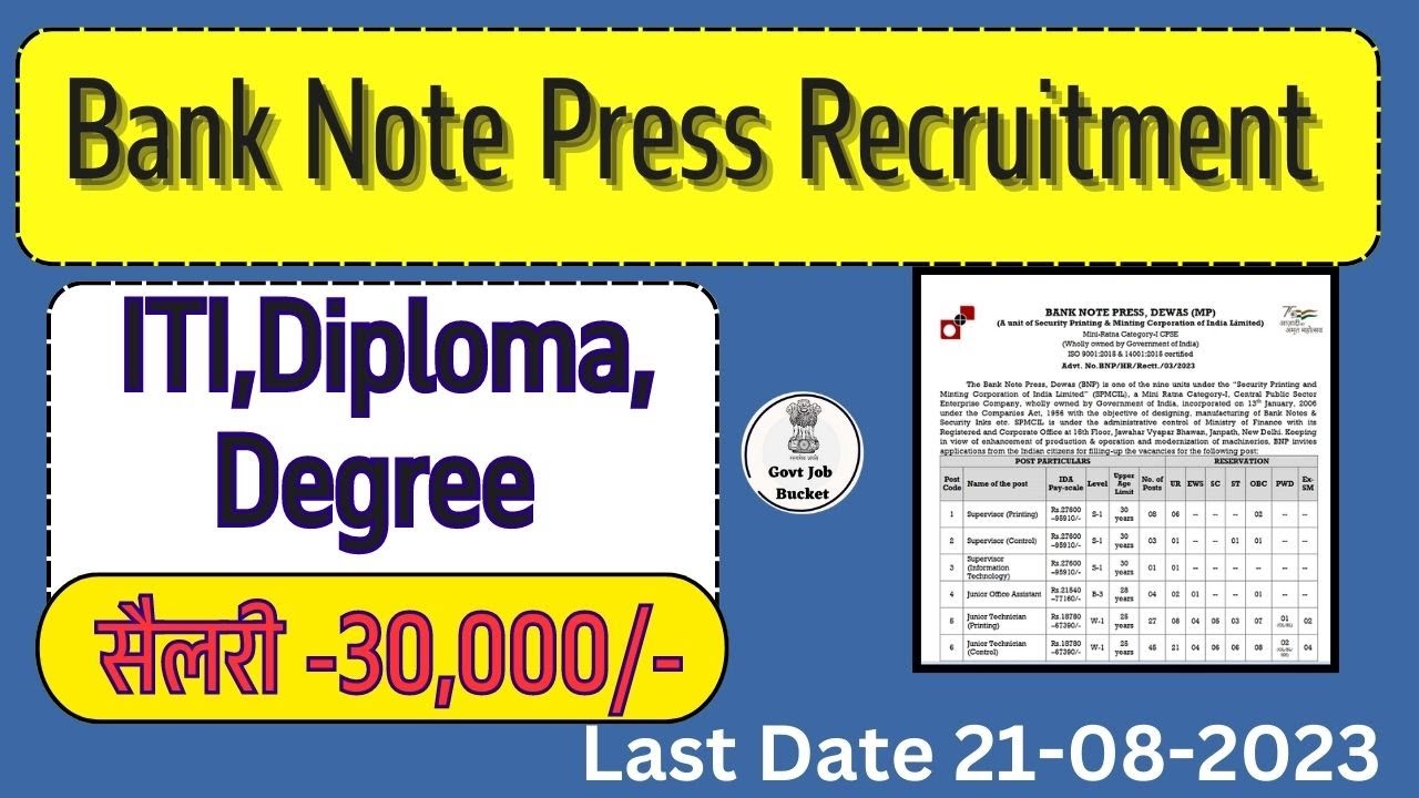 Bank Note Press Dewas Recruitment 2023 | ITI latest Jr Technician Jobs ...