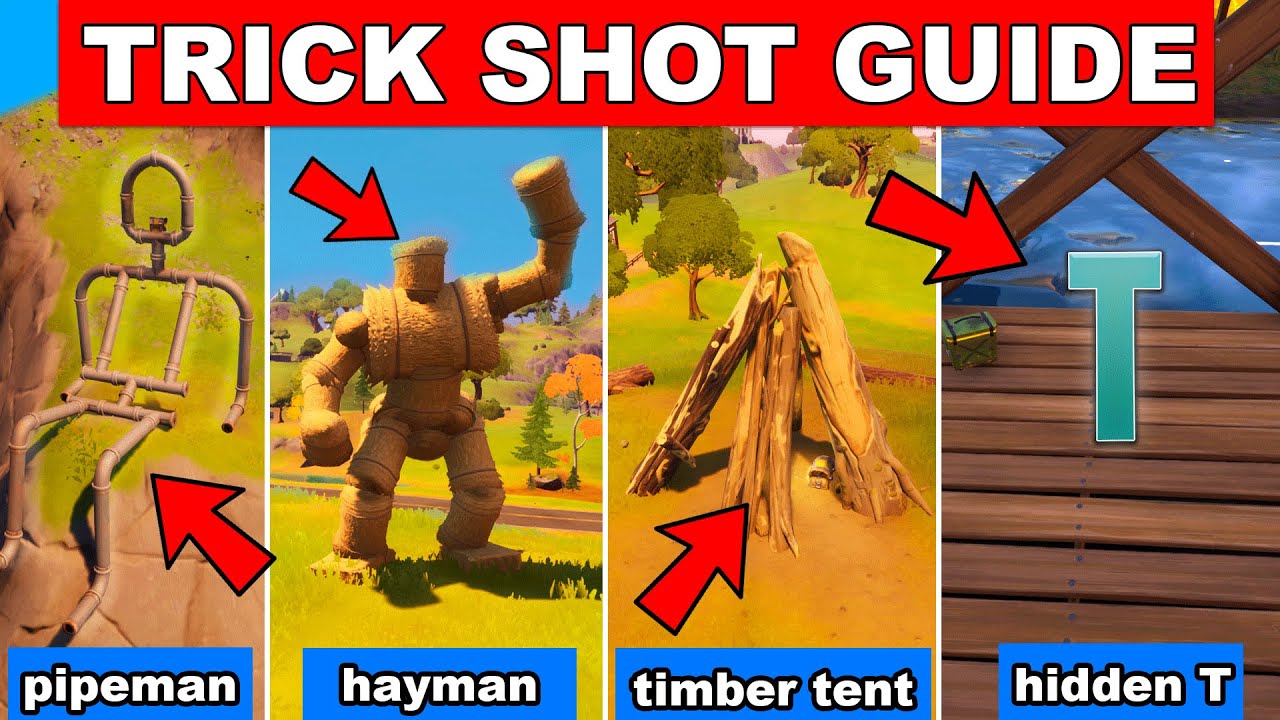 TRICK SHOT MISSION GUIDE - SEARCH THE HIDDEN T, PIPEMAN, HAYMAN, TIMBER ...
