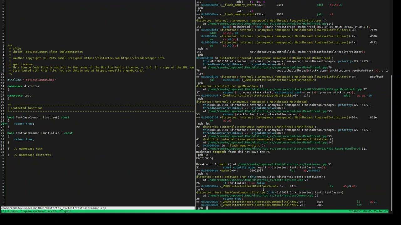 debug distortos on RV32IMC(simple experimental porting), with QEMU, CGDB, and GDB - YouTube