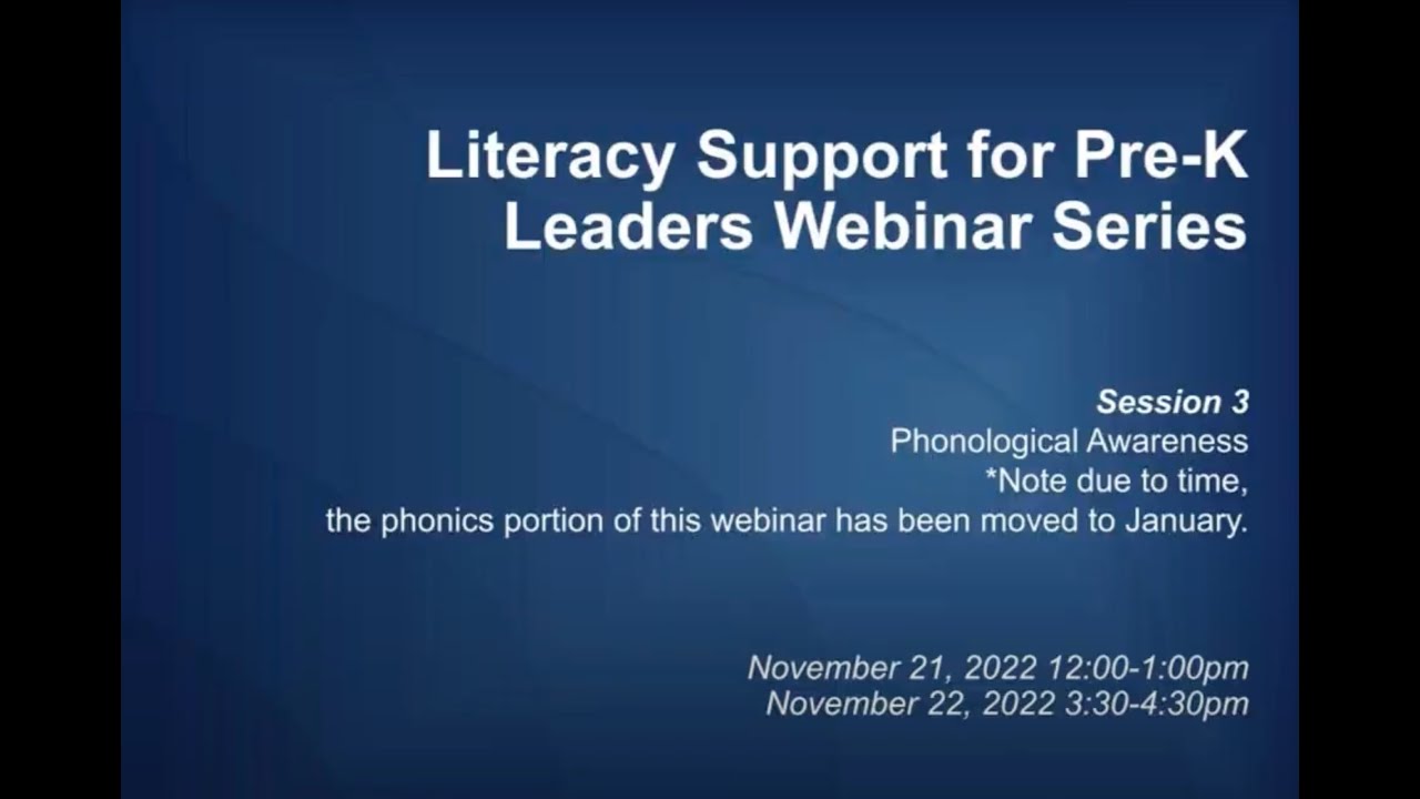 #3 - Literacy Support for Pre K Leaders Webinar Series - Phonological Awareness - YouTube