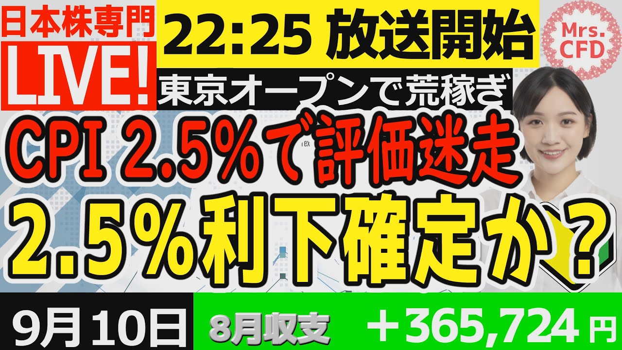 日本株ライブ【9月11日22:25～】CPI2.5%で円安・株高？ 再び36,000円の攻防 - YouTube