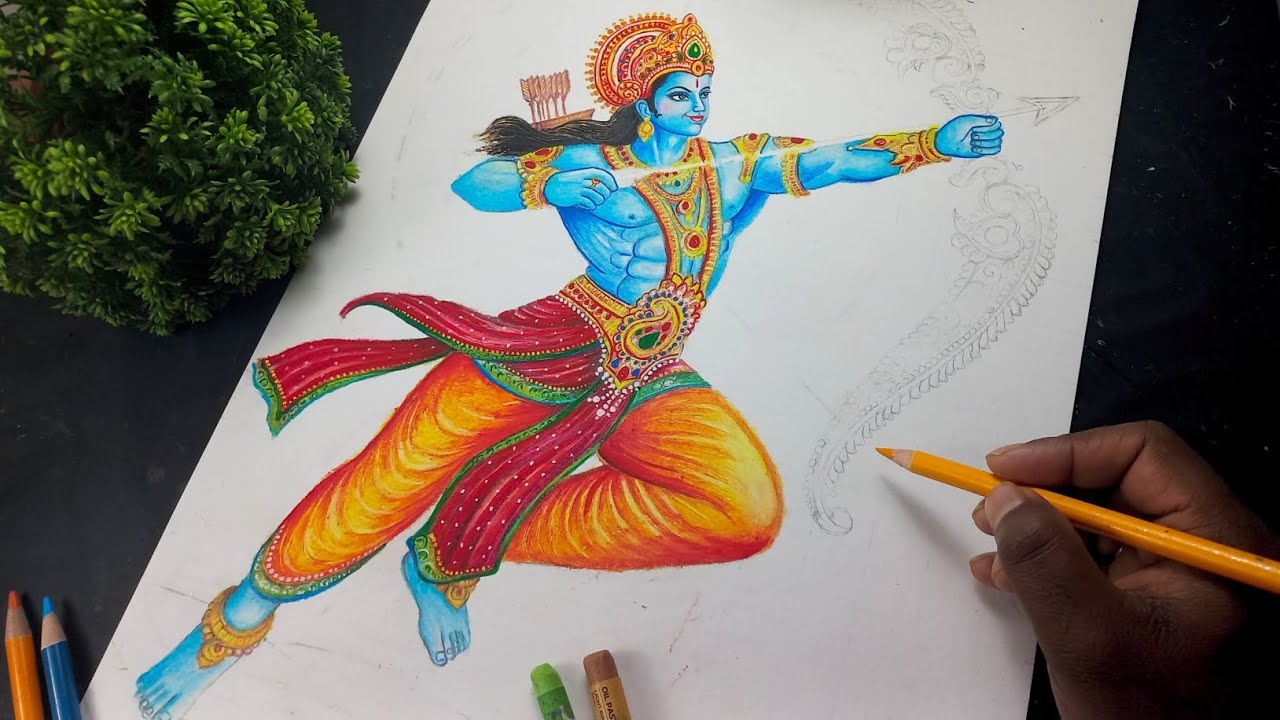 Lord Shree Rama Drawing, Oil Pastel Drawing, Ram Mandir Drawing, How to ...