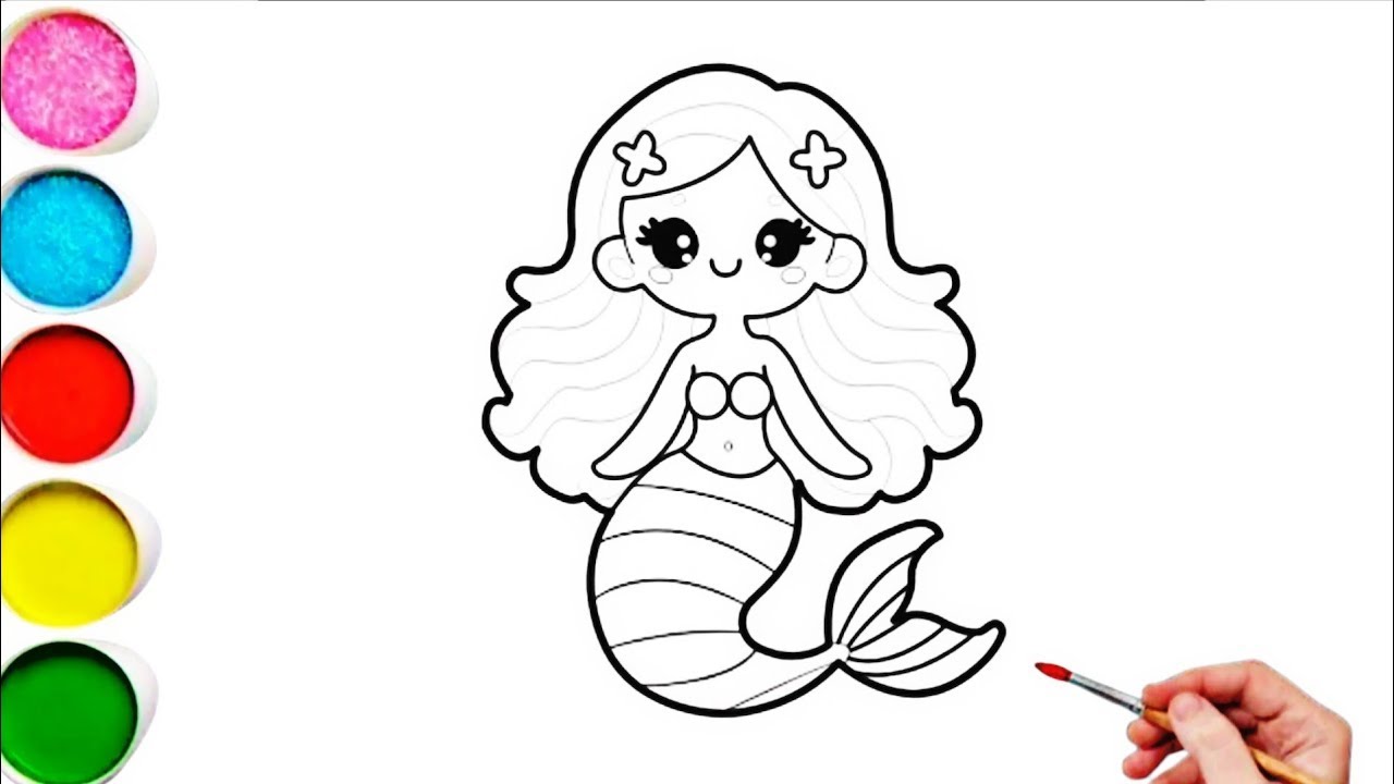 Cute Mermaid Drawing for kids, Painting & Coloring for kids, Toddlers ...