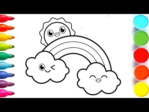 How to draw Sky for Kids || Drawing of Clouds with Rainbow and Sun Step ...
