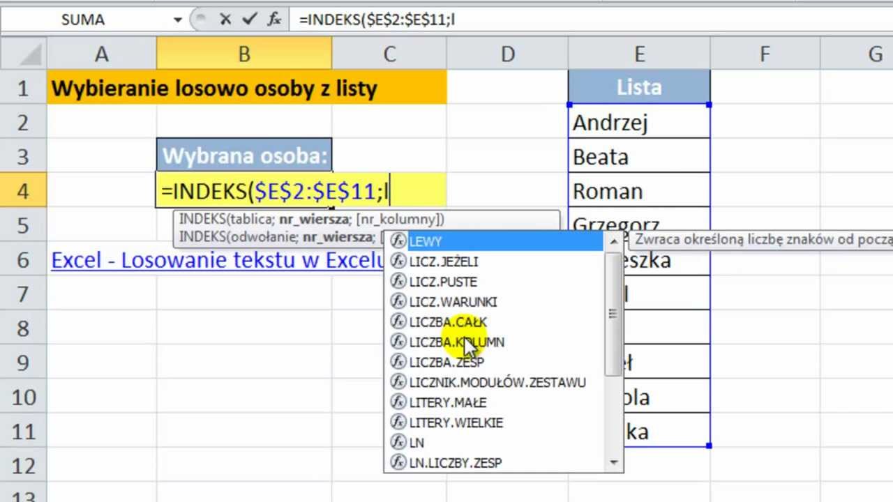 Excel - Wybieranie losowo osoby z listy INDEKS() - porada #45 - YouTube