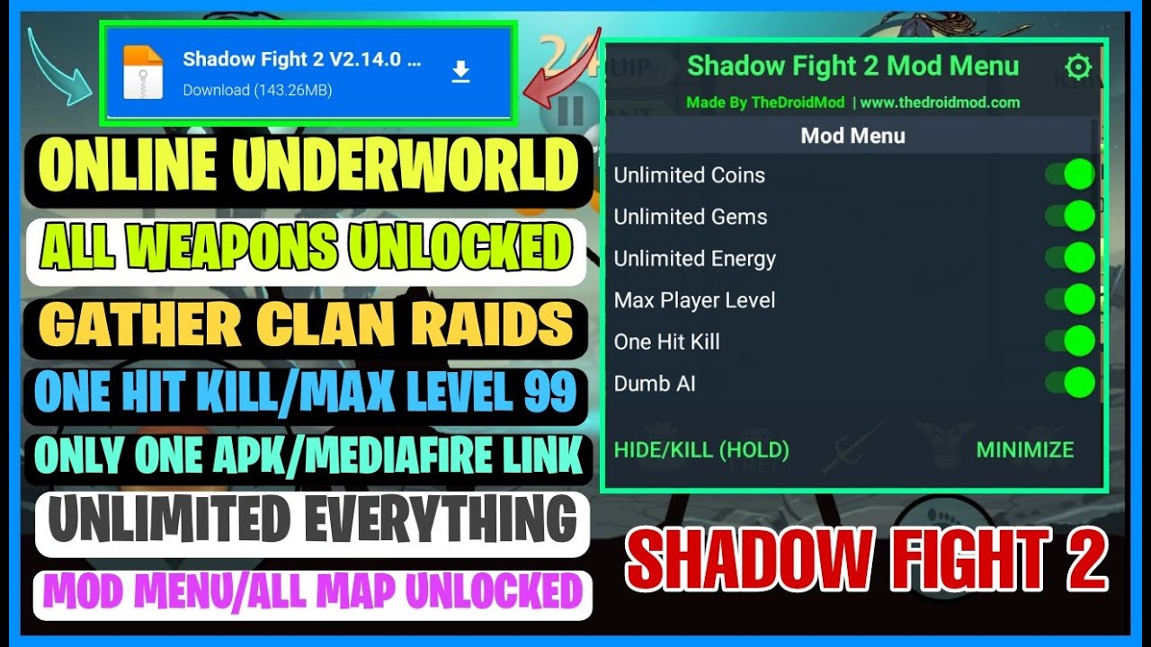 ⚡Shadow Fight 2 Mod Menu APK Link/Raid Hack/Underworld/100 of Weapons ...