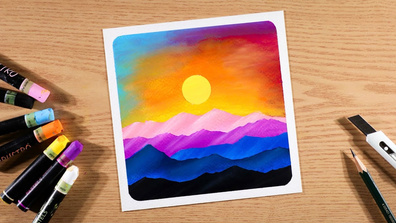 Easy Drawing for Beginners / Beautiful Mountains with Oil Pastels ...