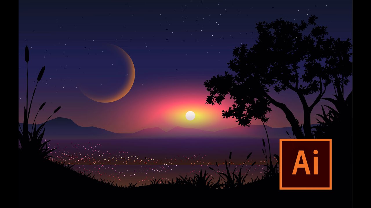 Fantasy night landscape with city lights | Adobe Illustrator CC vector ...