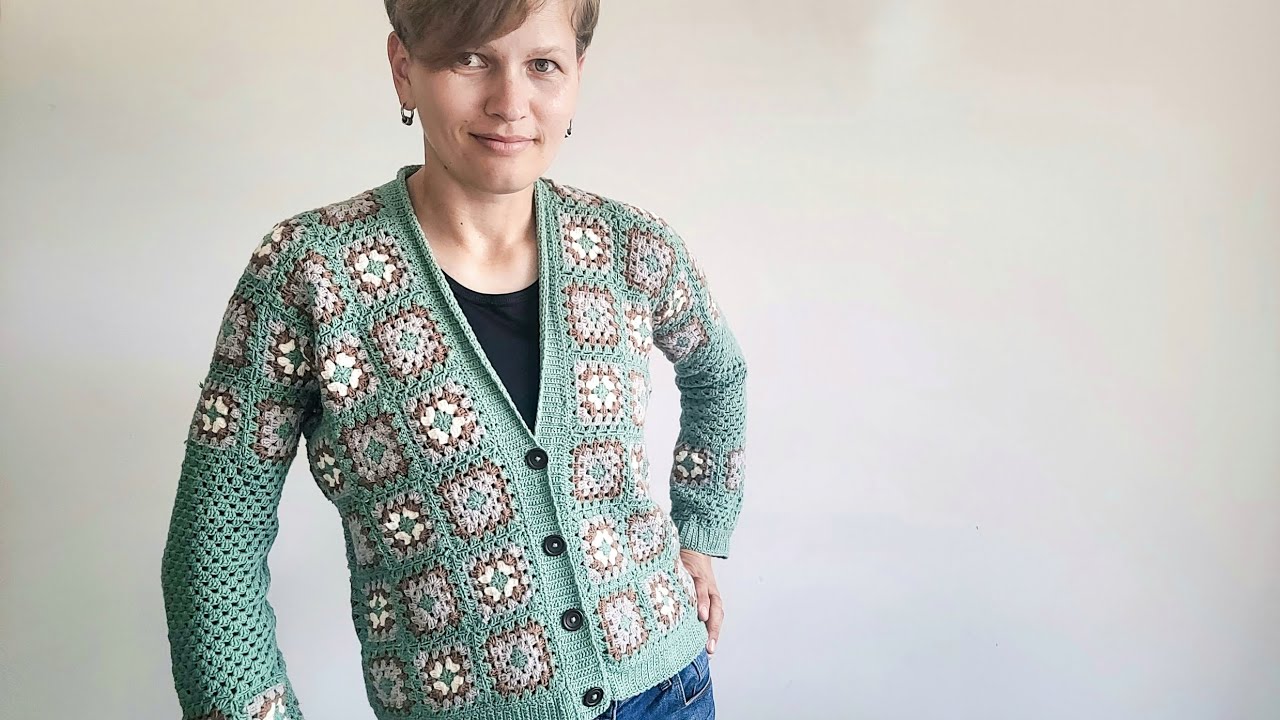 Sweter zapinany na guziki na szydełku. Sweter z kwadratów babuni. - YouTube