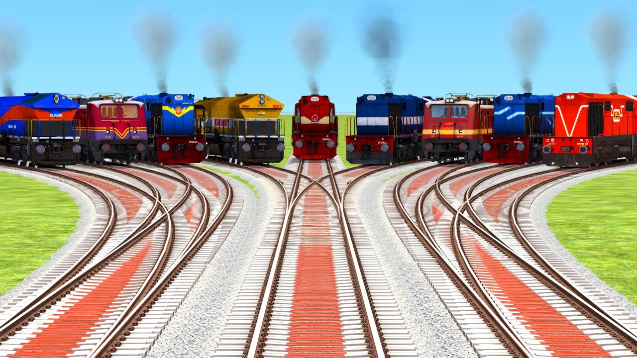 9 LOCOMOTIVES CROSSING EACH OTHER ON BUMPY TRACKS - YouTube