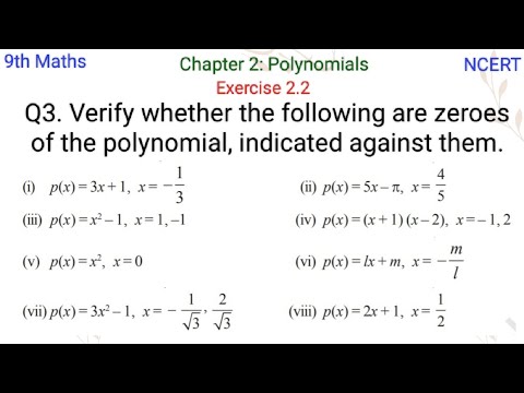 Verify whether the following are zeroes of the polynomial, indicated against them. - YouTube