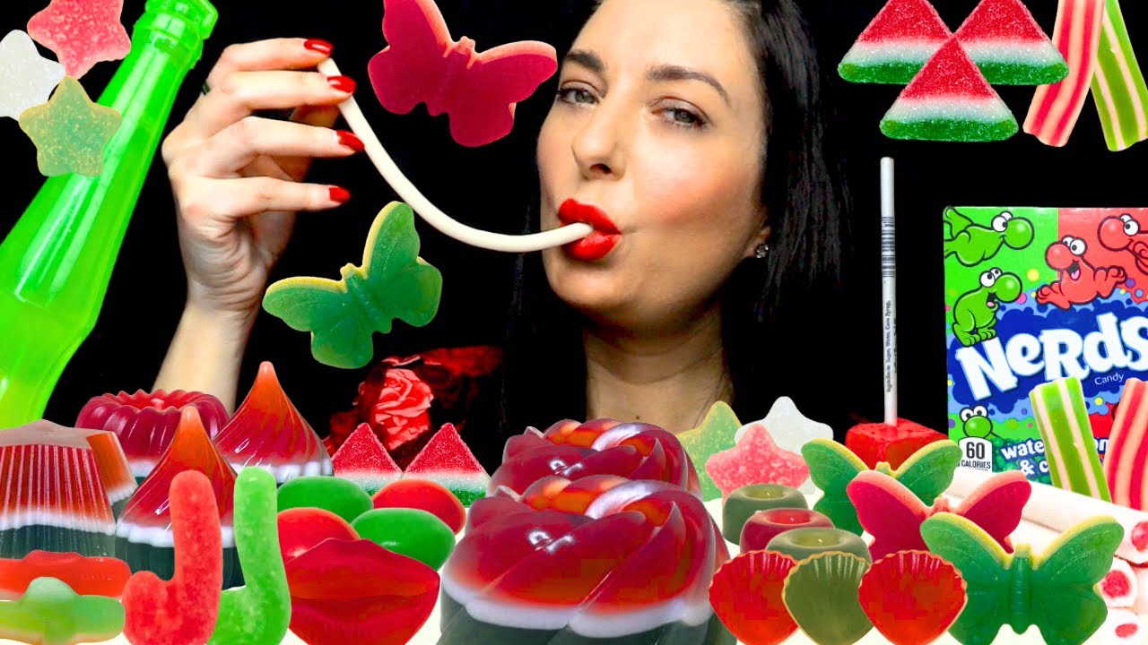 ASMR WATERMELON SWEETS, CUBE LOLLIPOP, NERDS, GUMMY SHARKS, CANDY CANES, JELLY, EATING, MUKBANG ...