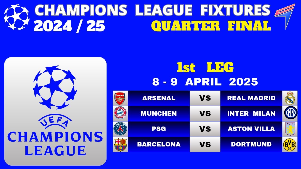 UCL FIXTURES TODAY - QUARTER FINAL • 1st LEG • CHAMPIONS LEAGUE ...