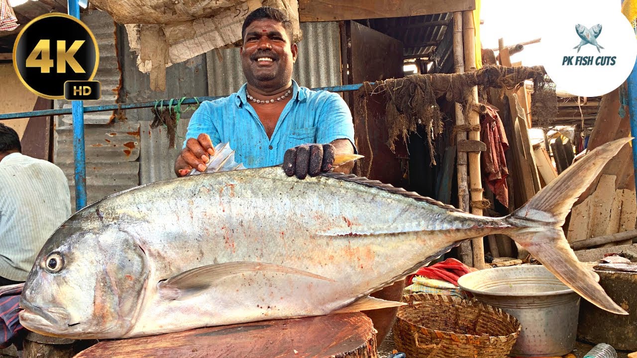 KASIMEDU MINNAL RAJA🔥/28KG BIG TREVALLY FISH CUTTING VIDEO🦈🔪/FISH ...
