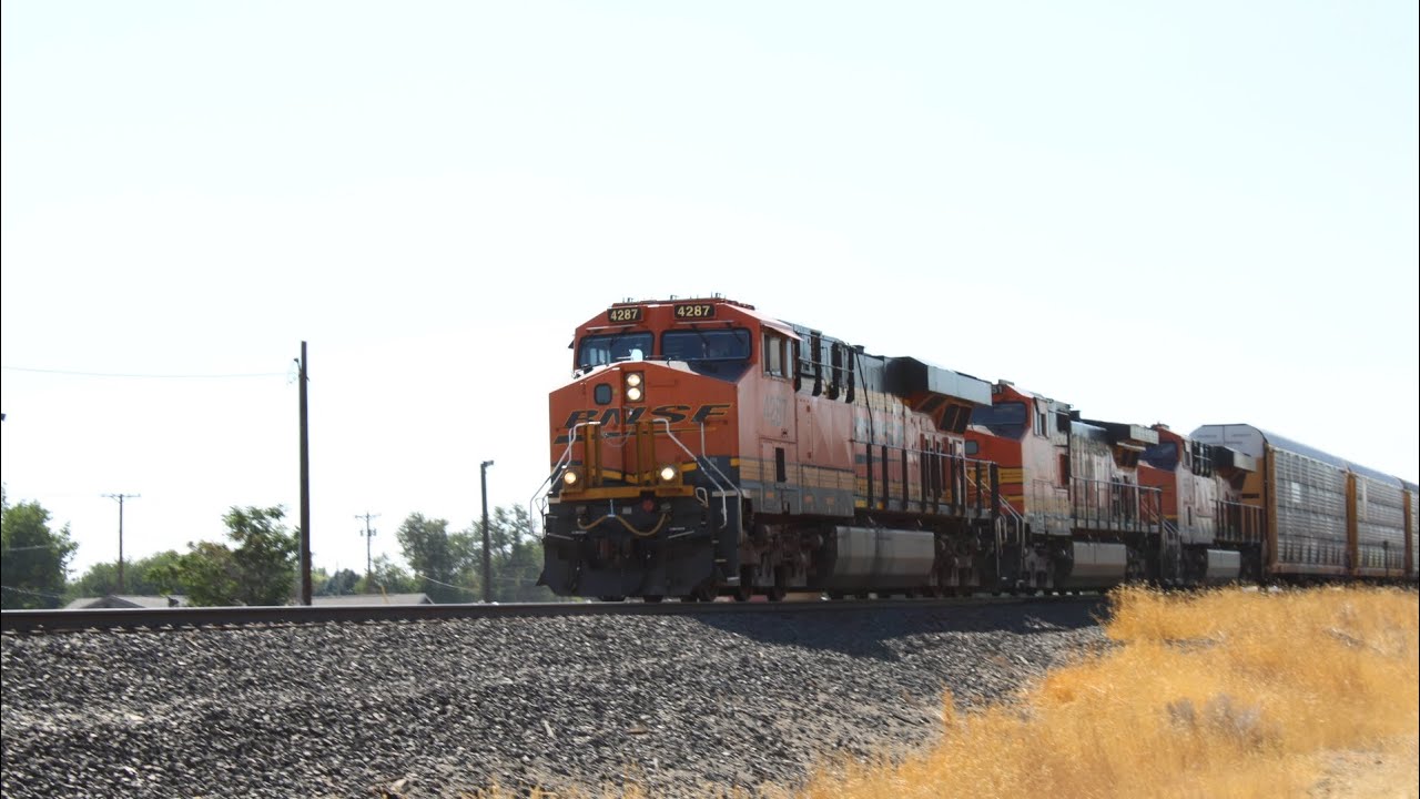 Fast 50 MPH BNSF Autorack Train Honking for a Grade Crossing at Finley ...