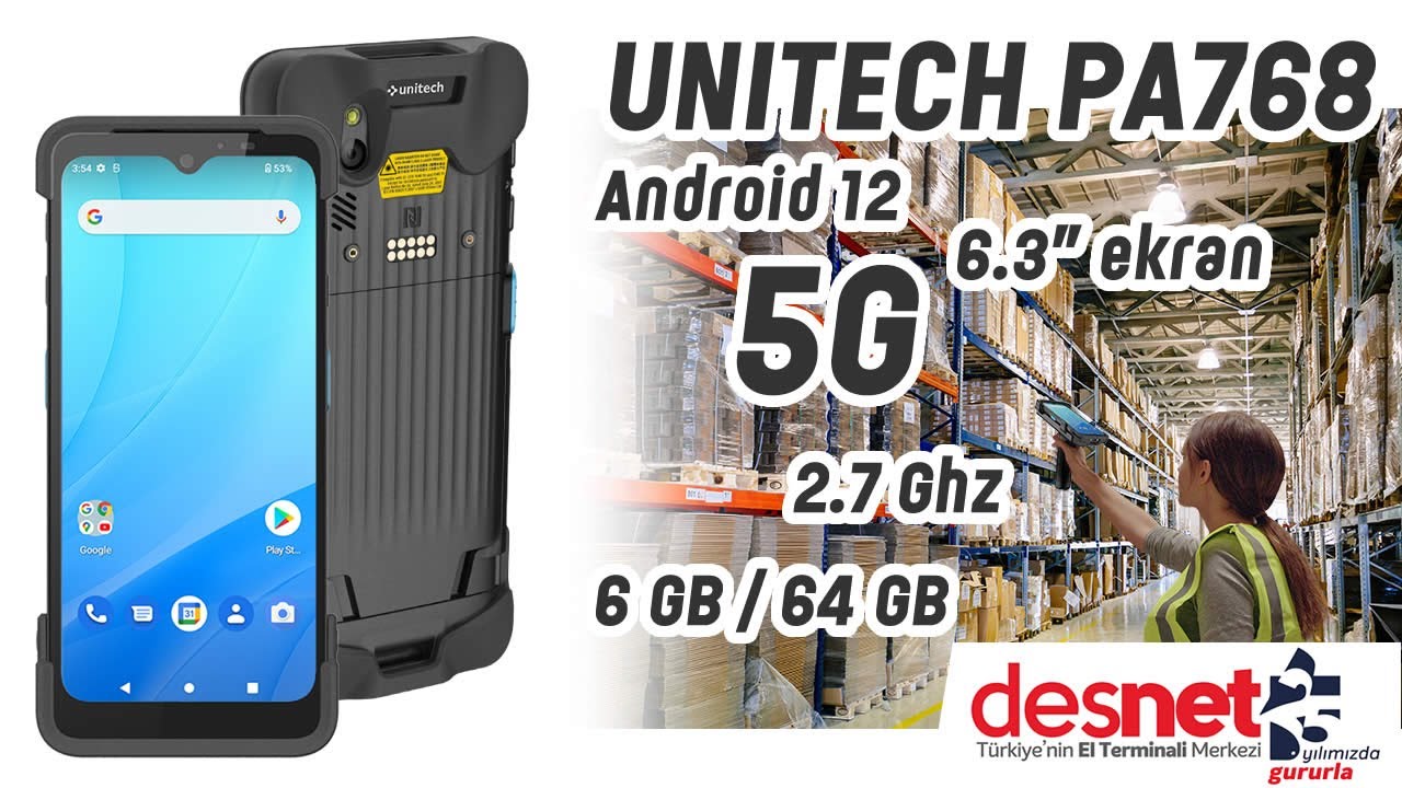 Unitech PA768 5G Android 12 , 6 GB / 64 GB, 6.3" Ekranlı, IP65/IP67 El ...