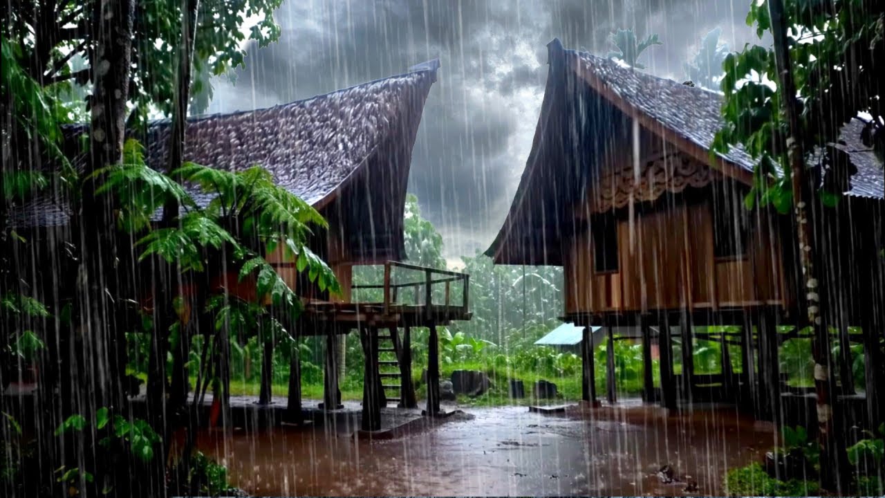 Sleep in 2 Minutes with Heavy Rainfall Wooden Huts in the Jungle | No ...