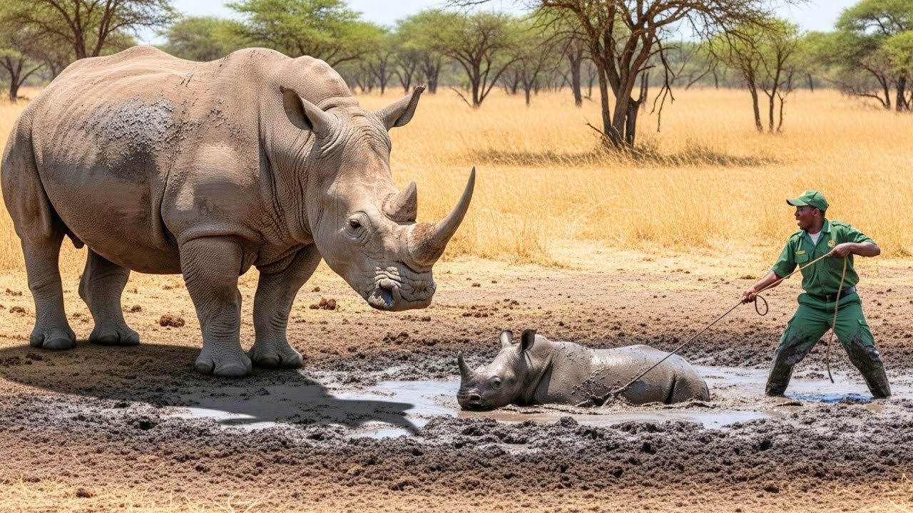Man tries to save a baby rhino stuck in the mud… and the mother reacts ...