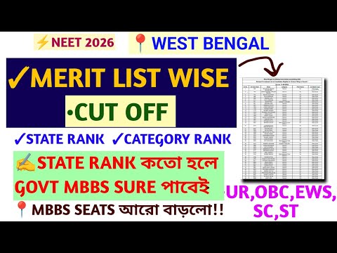 MERIT LIST WISE CUT OFF WEST BENGAL NEET 2026/STATE RANK/CATEGORY RANK 