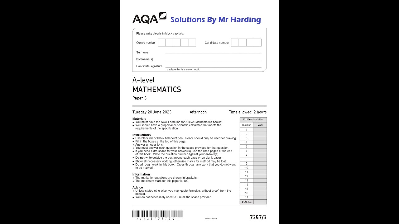 AQA - A-Level Mathematics - Paper 3 [Pure & Statistics] - June 2023 ...
