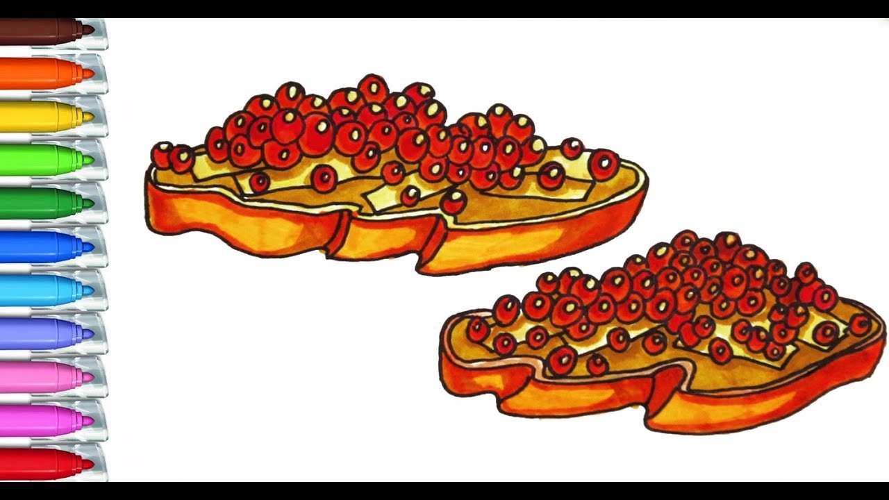 How to draw a sandwich with red caviar. Drawing for children. Brush Pen ...
