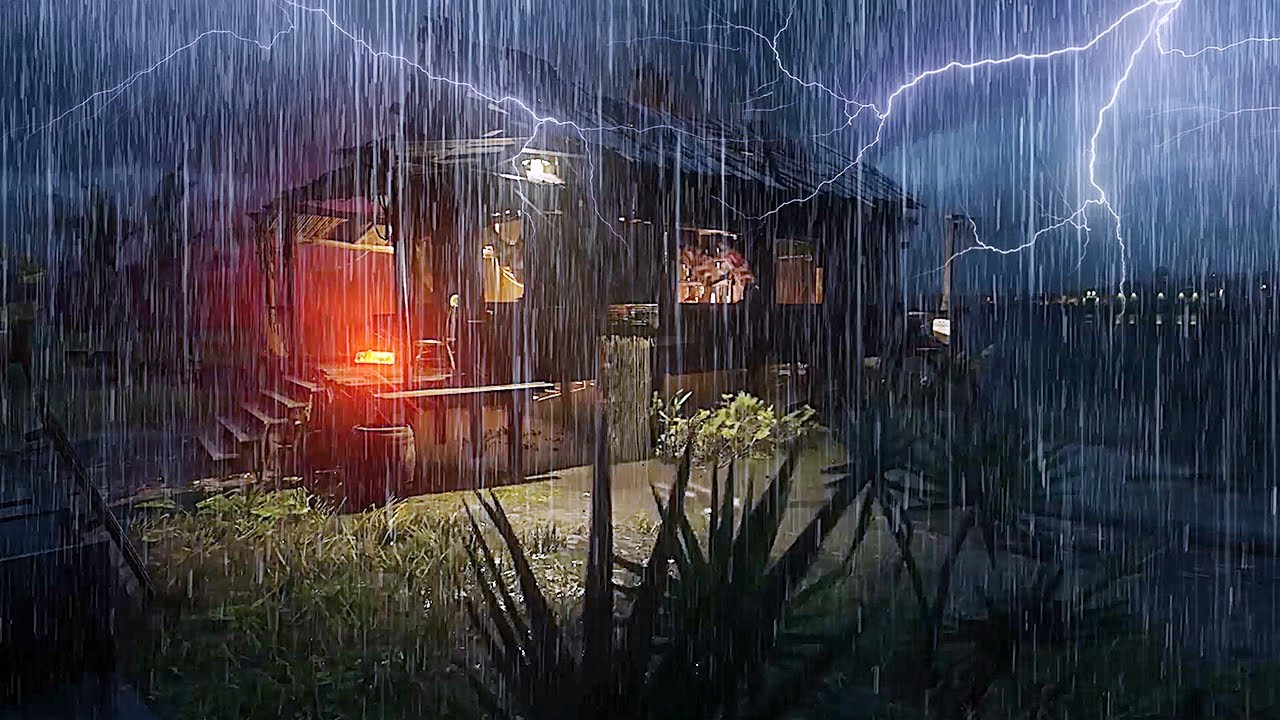 Heavy rainstorm on roof & howling wind, mighty thunder sounds on old ...