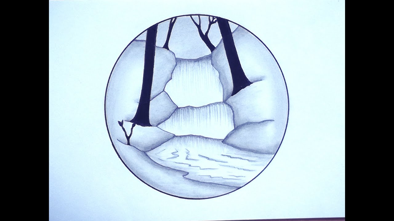 How to Draw Easy Shading Scenery for Beginners|Waterfall Scenery Sketch ...