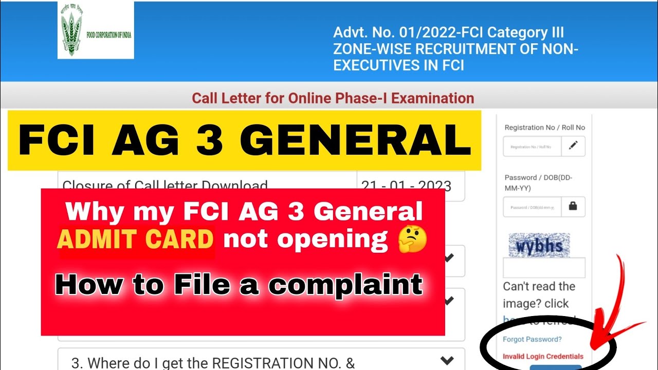 Why FCI AG-3 GENERAL Admit card not downloading even with correct ...