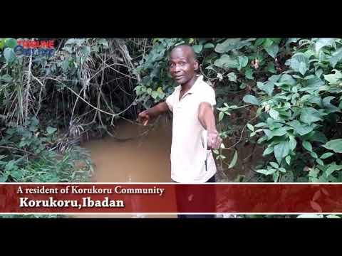 A resident of Korukoru showing Nigerian Tribune round Korukoru community’s main source of water.