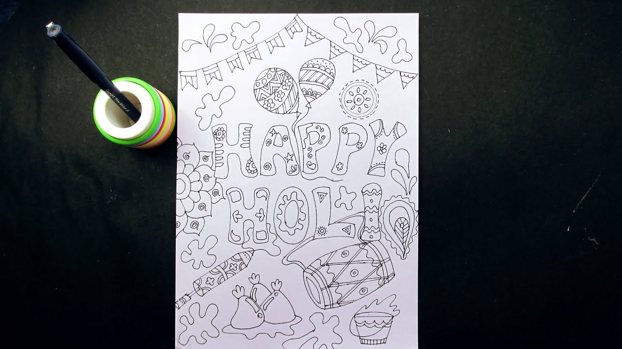 HAPPY HOLI Doodle Art || EASY HAPPY HOLI Poster Drawing || Pencil ...
