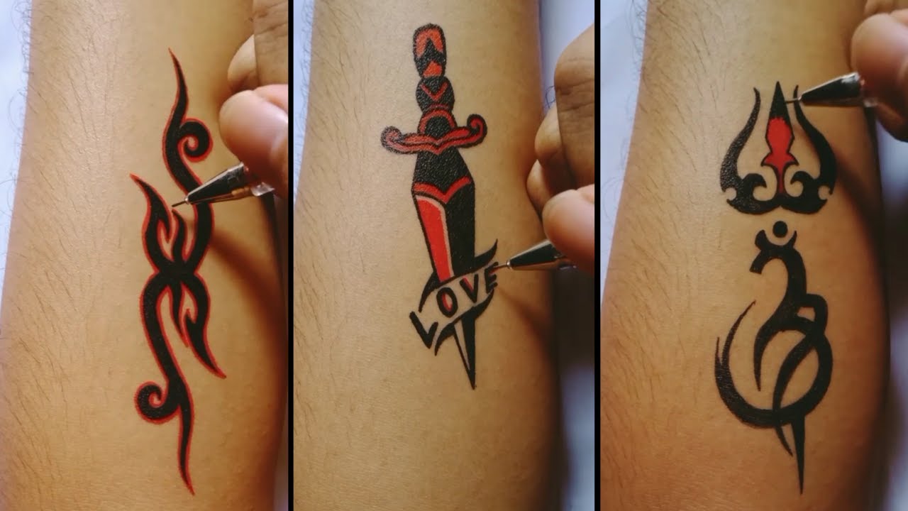 DIY Tattoo Designs Tribal, Dagger & Trishul On Arm - YouTube