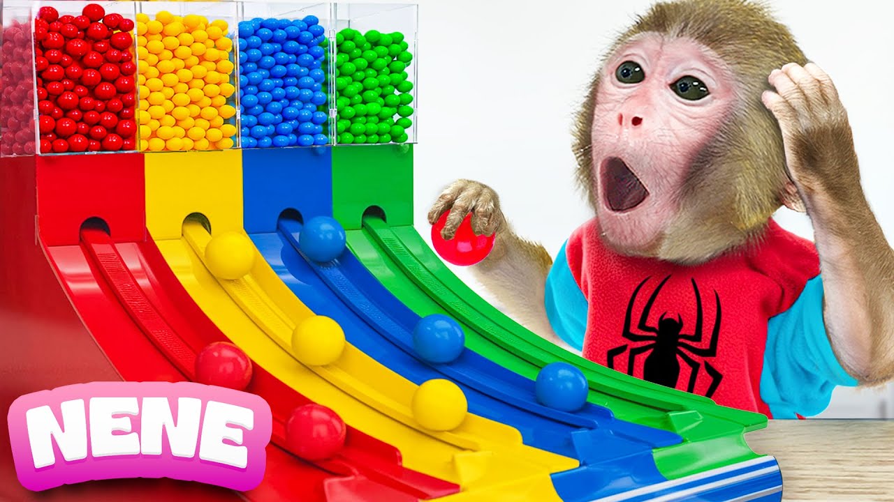 Monkey NeNe Play Four Color Gumball Machine By Marble Run Race With ...