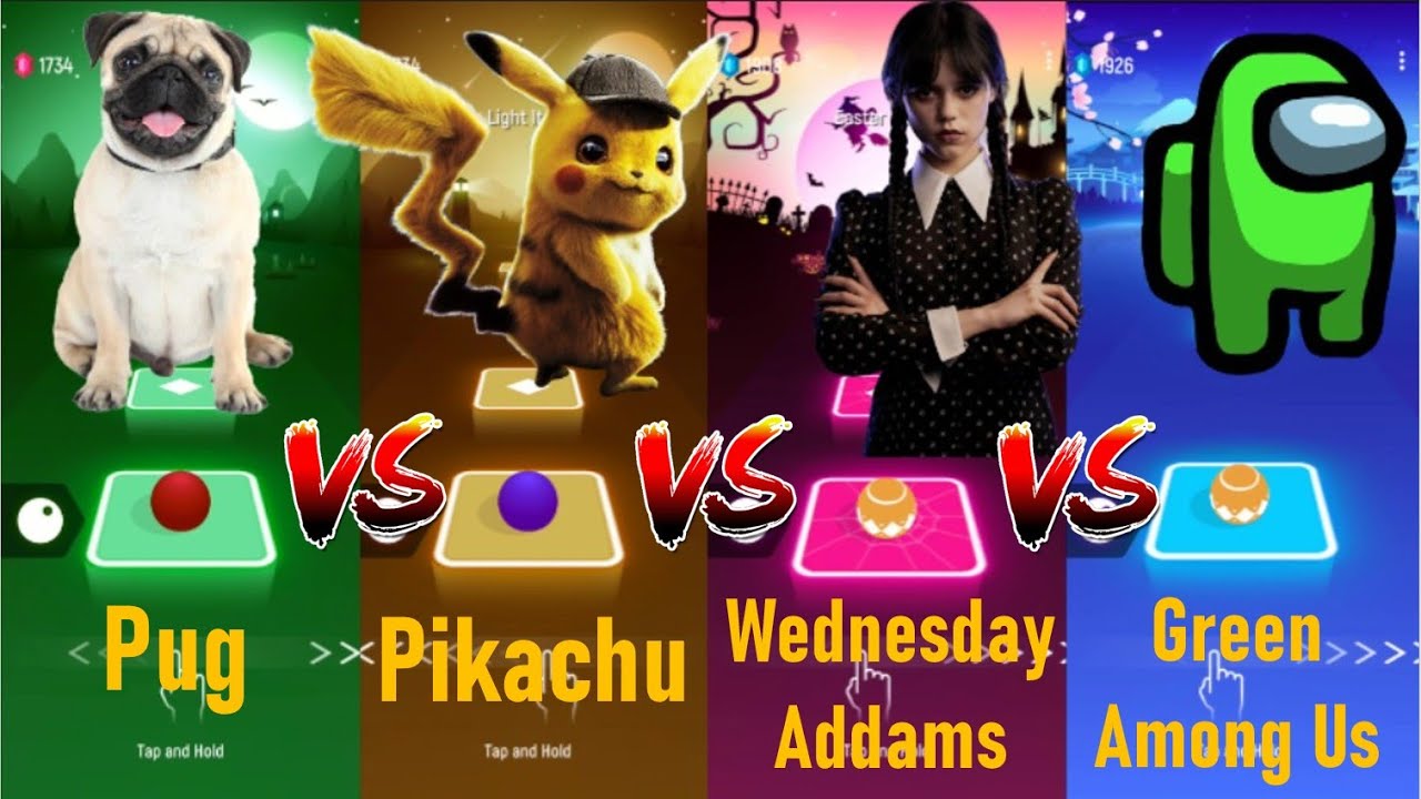 Pug vs Pikachu vs Wednesday Addams vs Green Among Us | Tiles Hop EDM ...