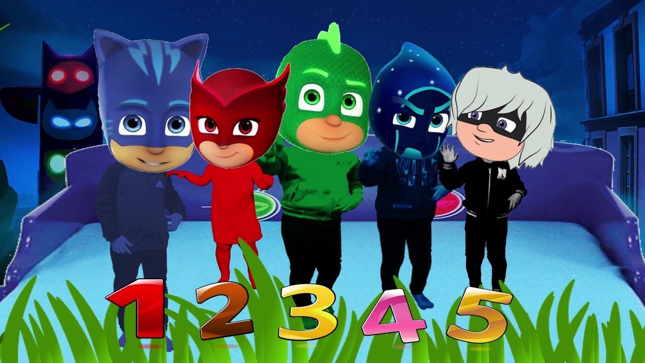 Five Little PJ Masks Jumping On the Bed Nursery Rhymes song for Kids ...