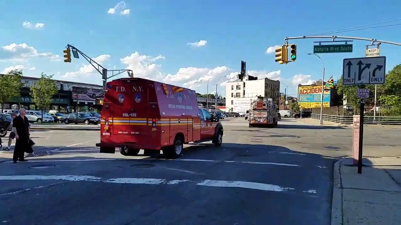 FDNY Ladder 136 And Soc Support Truck 136 Going Home In Astoria, Queens ...