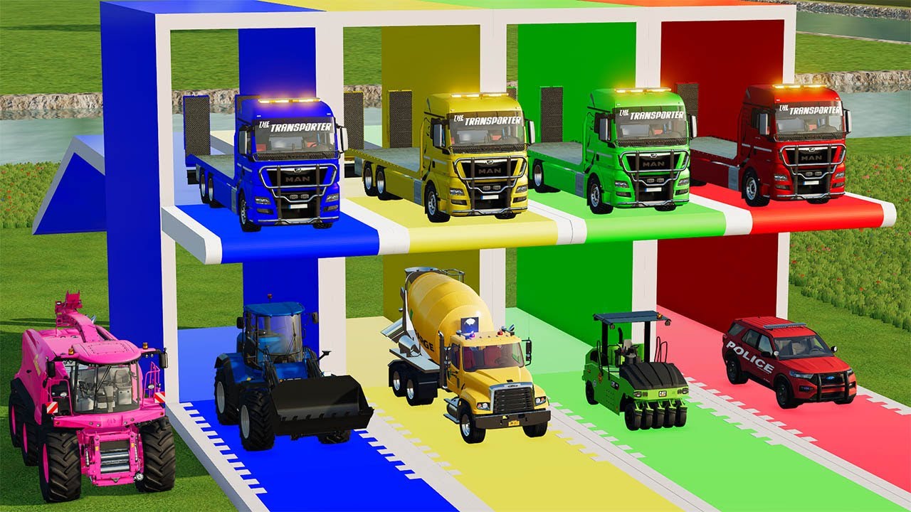 TRANSPORTING WHEEL LOADER, COMBINE, MIXER TRUCK, POLICE CARS TO GARAGE ...