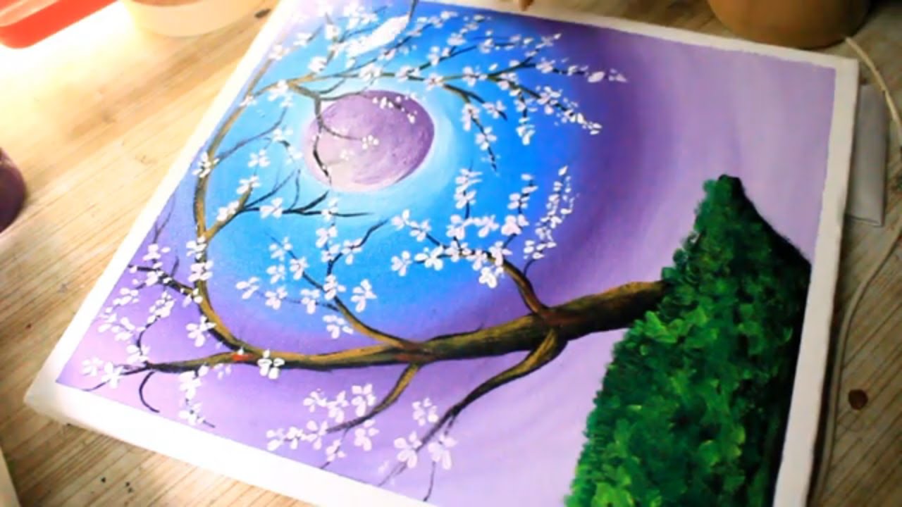 how to draw flower/charry flower painting/night scenery/happy day ...